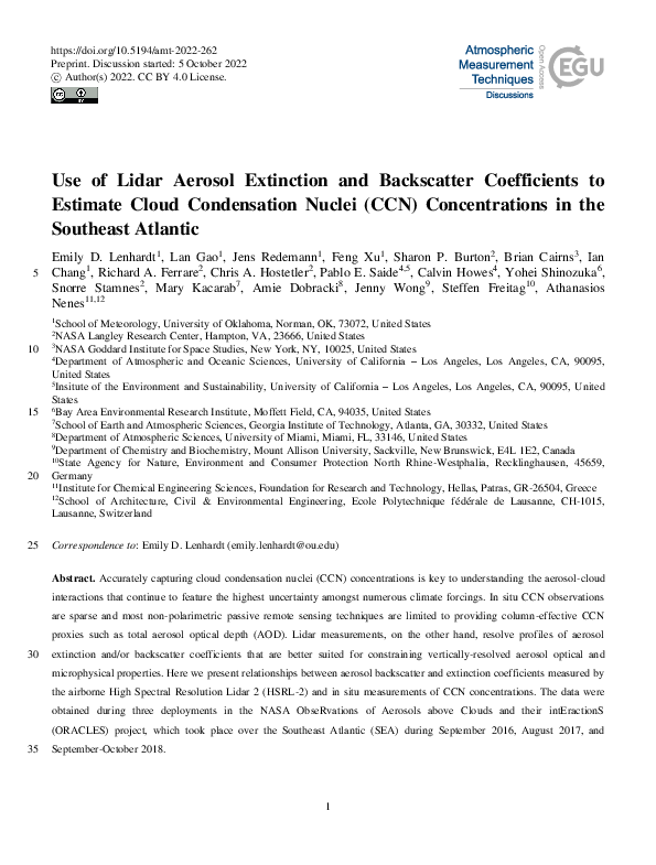 (PDF) Use of Lidar Aerosol Extinction and Backscatter Coefficients to Estimate Cloud ...