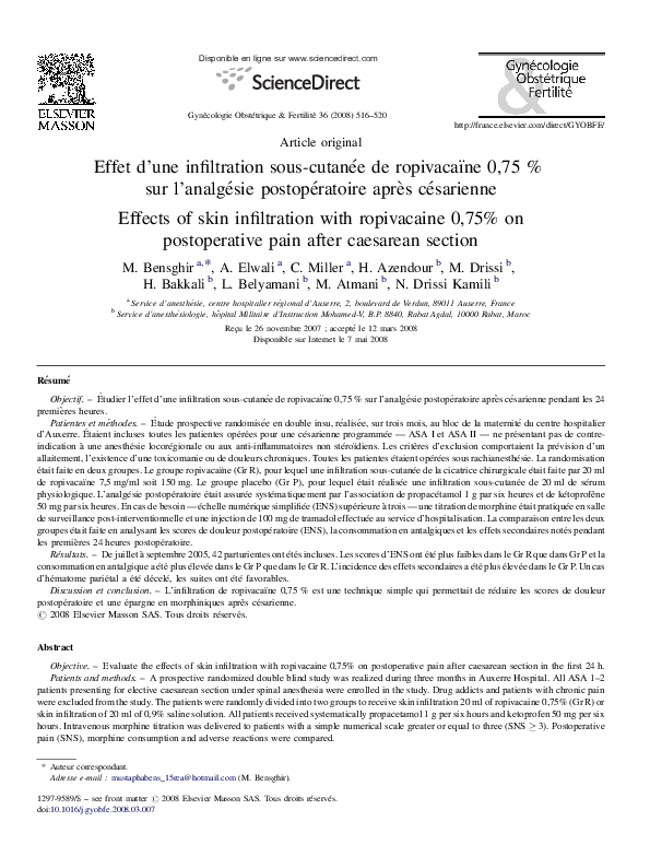 (PDF) Effet d’une infiltration sous-cutanée de ropivacaïne 0,75 % sur l ...