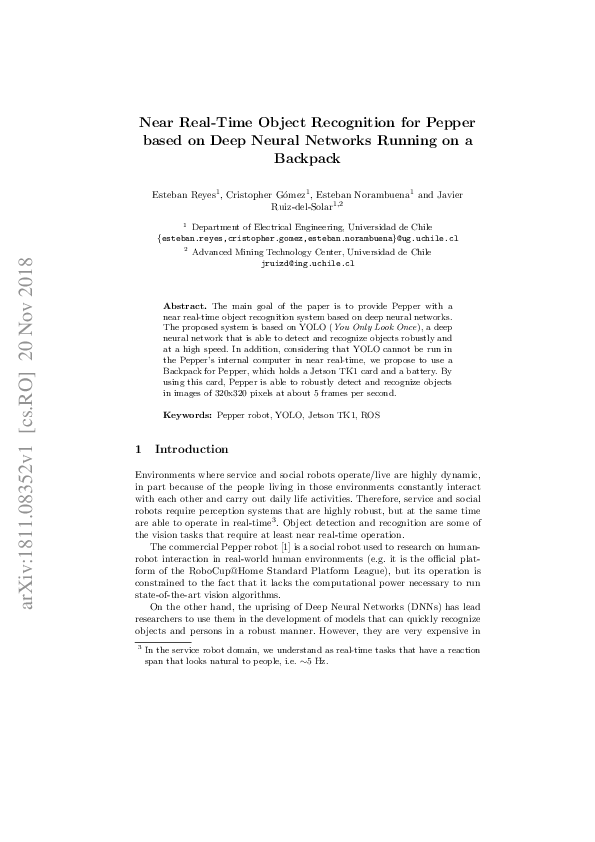 (PDF) Near Real-Time Object Recognition for Pepper Based on Deep Neural Networks Running on a ...