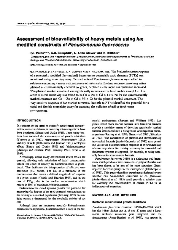 (PDF) Assessment of bioavailability of heavy metals using lux modified constructs of Pseudomonas ...