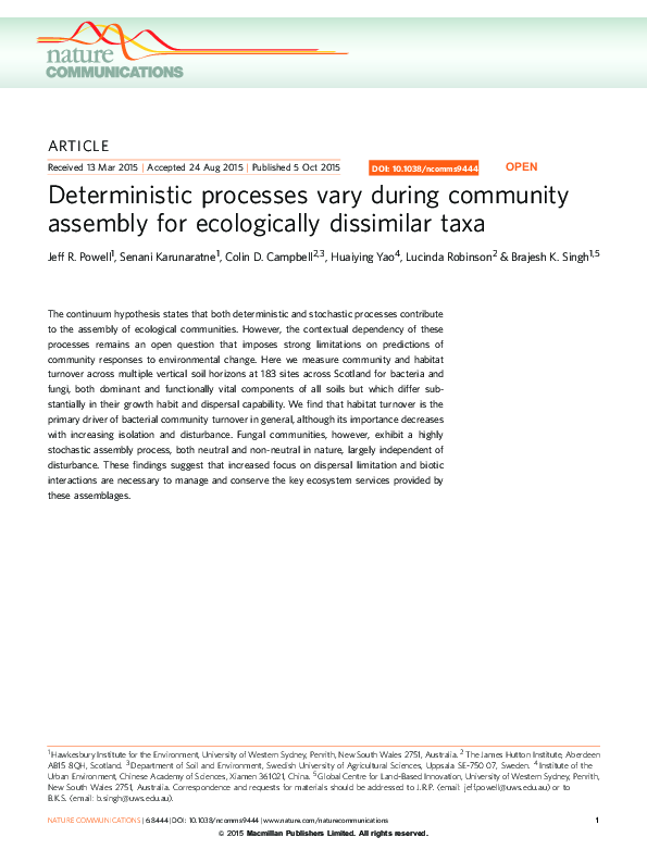 (PDF) Deterministic processes vary during community assembly for ecologically dissimilar taxa