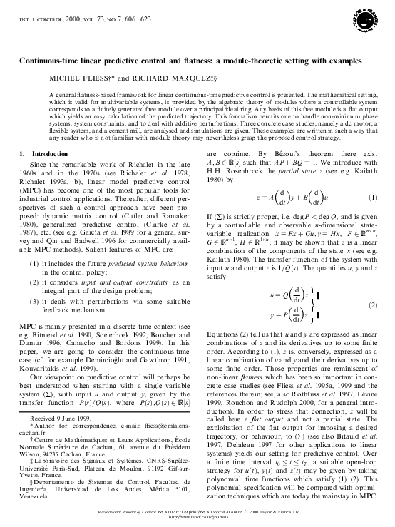 Pdf Continuous Time Linear Predictive Control And Flatness A Module Theoretic Setting With