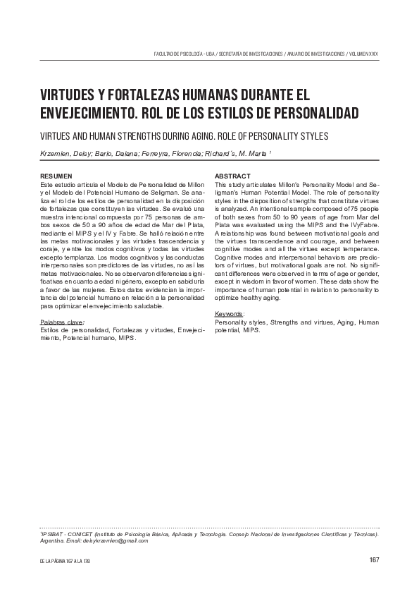 (PDF) VIRTUDES Y FORTALEZAS HUMANAS DURANTE EL ENVEJECIMIENTO. ROL DE ...