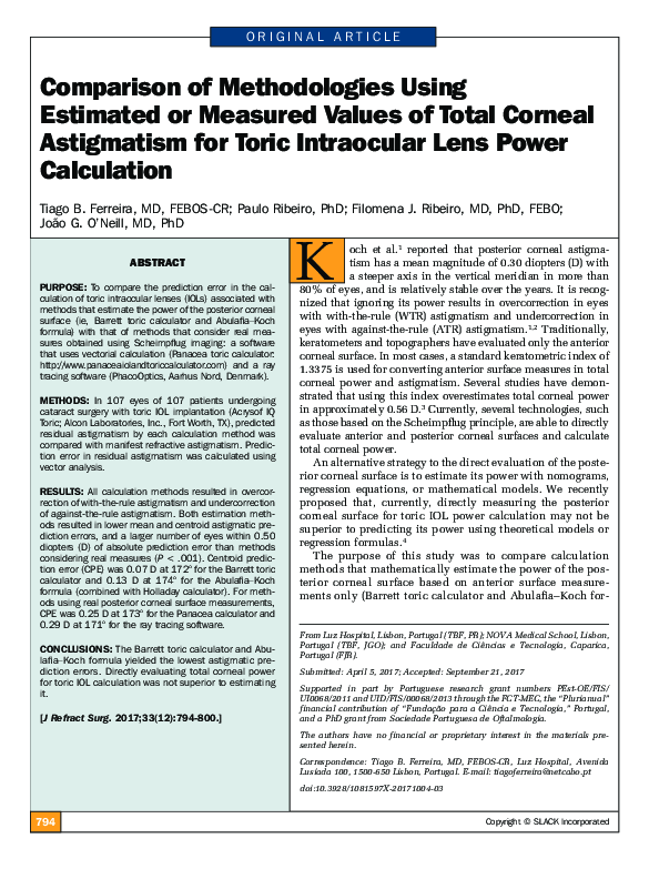 (PDF) Comparison of Methodologies Using Estimated or Measured Values of Total Corneal ...