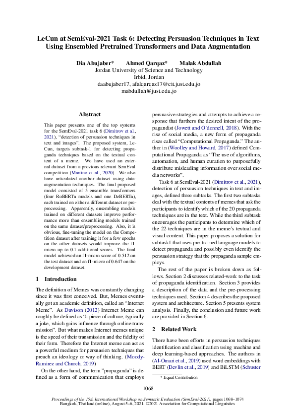 (PDF) LeCun at SemEval-2021 Task 6: Detecting Persuasion Techniques in Text Using Ensembled ...