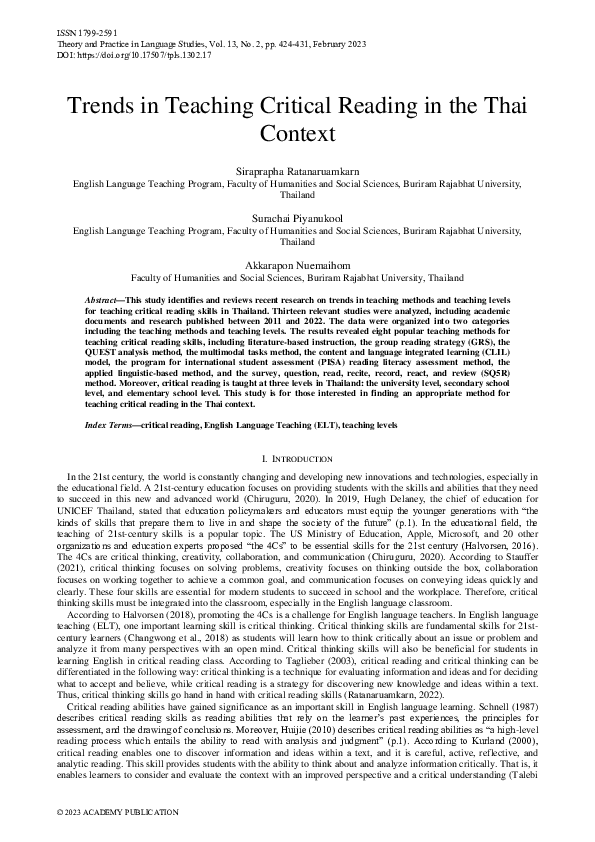 (PDF) Trends in Teaching Critical Reading in the Thai Context