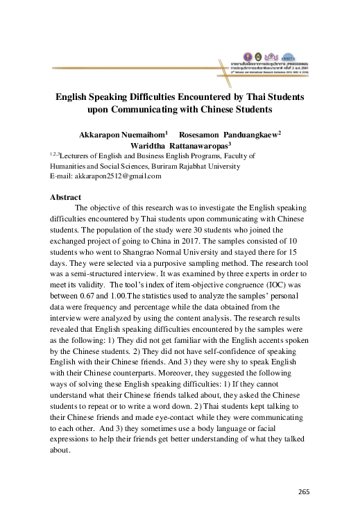 (PDF) English Speaking Difficulties Encountered by Thai Wives and ...