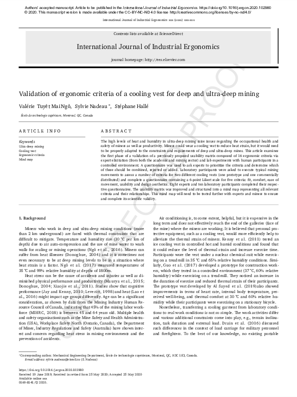 (PDF) Validation of ergonomic criteria of a cooling vest for deep and ultra-deep mining