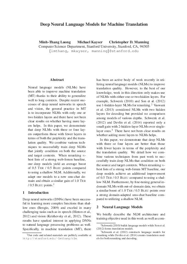 Pdf Deep Neural Language Models For Machine Translation Thang Luong