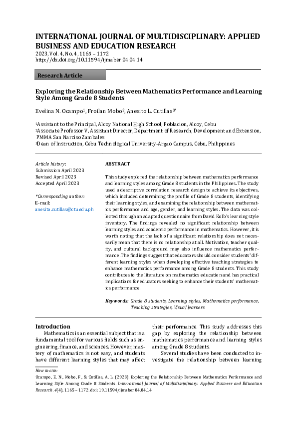 (PDF) Exploring the Relationship Between Mathematics Performance and Learn-ing Style Among Grade ...