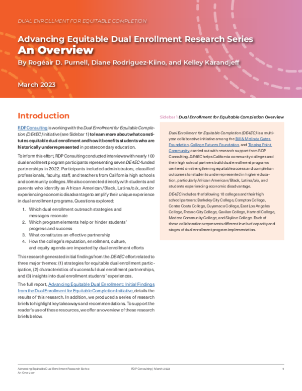 (PDF) Dual Enrollment for Equitable Completion: Advancing Equitable Dual Enrollment Research ...