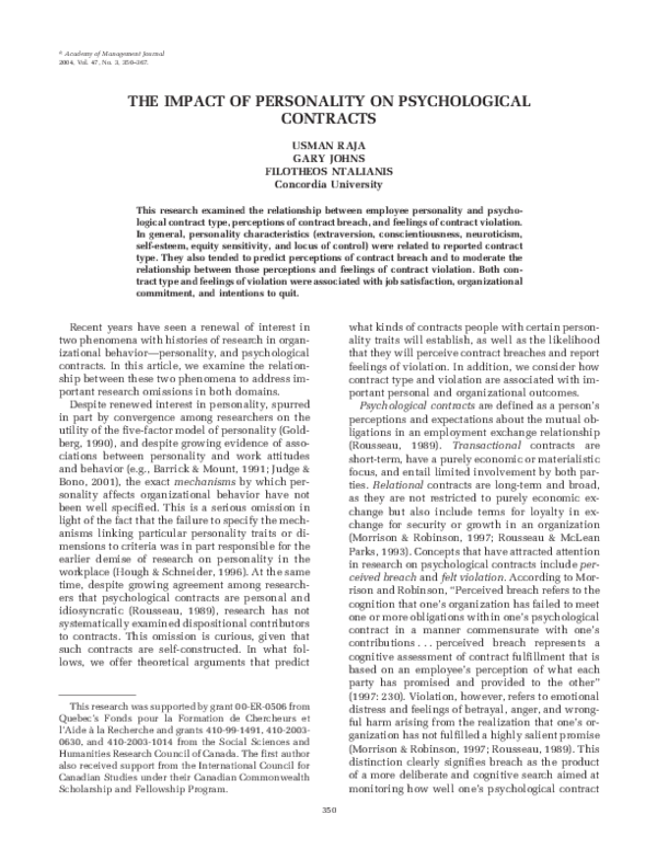 (PDF) The Impact of Personality on Psychological Contracts