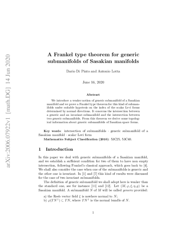 (PDF) A Frankel type theorem for generic submanifolds of Sasakian manifolds
