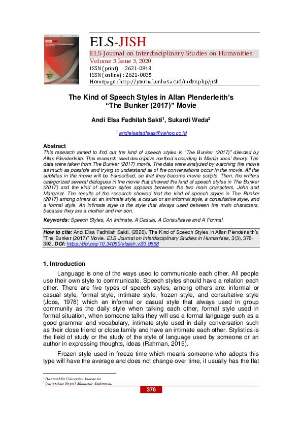 (PDF) The Kind of Speech Styles in Allan Plenderleith’s “The Bunker ...