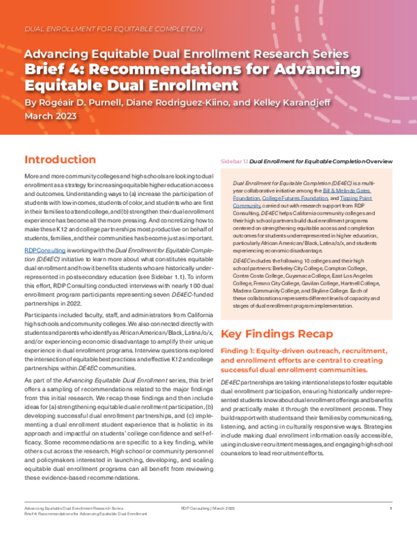 (PDF) Dual Enrollment for Equitable Completion: Advancing Equitable ...