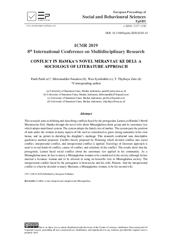 (PDF) Conflict In Hamka’S Novel Merantau Ke Deli: A Sociology Of ...