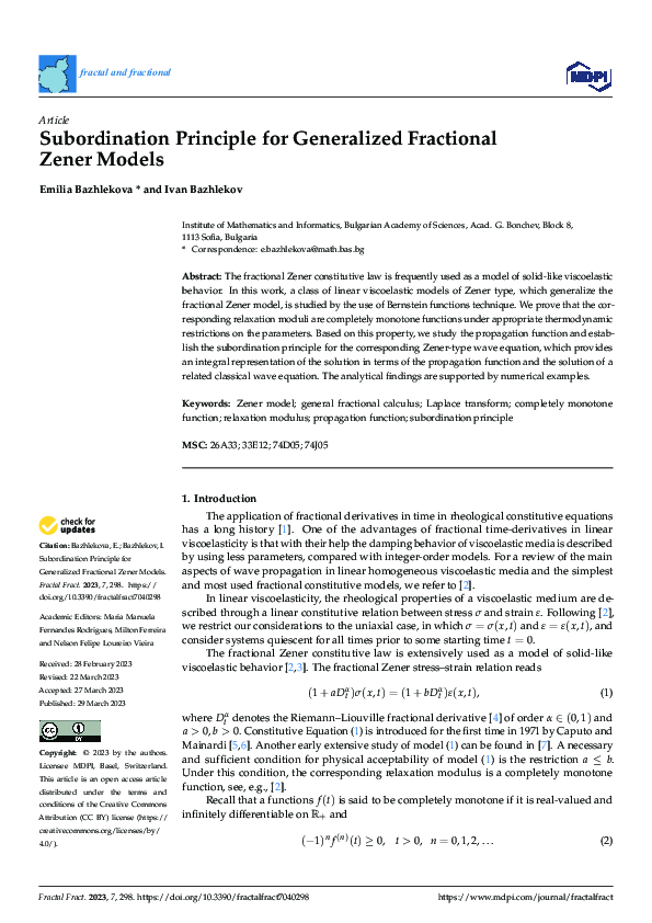 (PDF) Subordination Principle for Generalized Fractional Zener Models