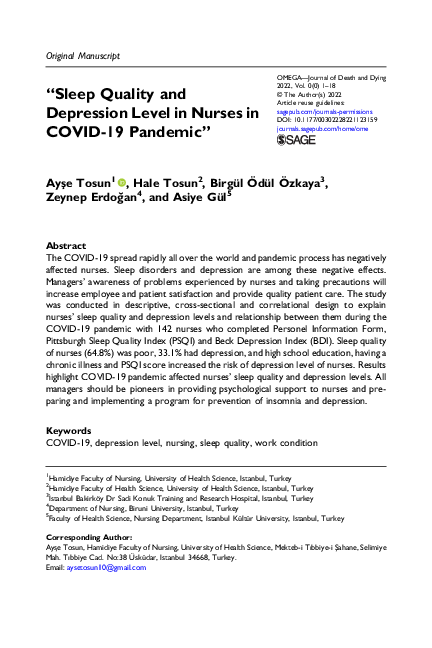 (PDF) “Sleep Quality and Depression Level in Nurses in COVID-19 Pandemic”