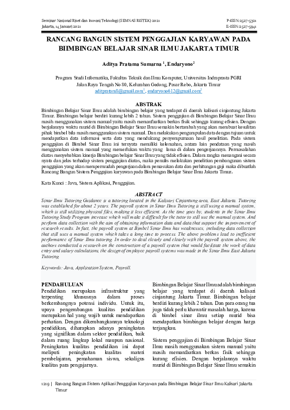 (PDF) Rancang Bangun Sistem Penggajian Karyawan Pada Biimbingan Belajar Sinar Ilmu Jakarta Timur