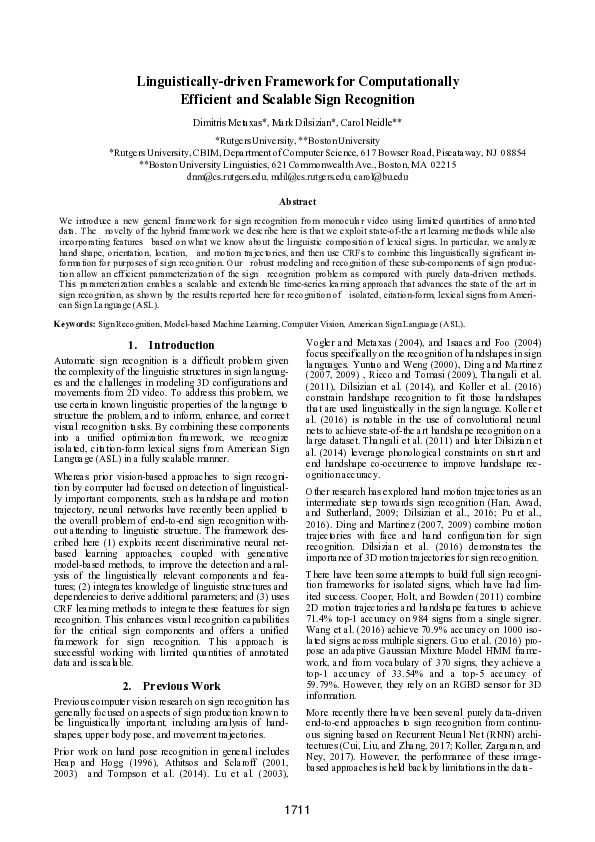 (PDF) Linguistically-driven Framework for Computationally Efficient and Scalable Sign Recognition