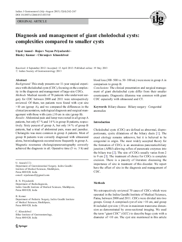(PDF) Diagnosis and management of giant choledochal cysts: complexities compared to smaller cysts