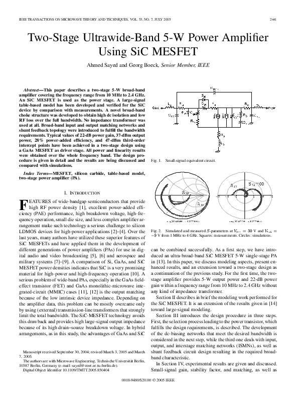 (PDF) Broadband 5-W SiC MESFET Amplifier Design