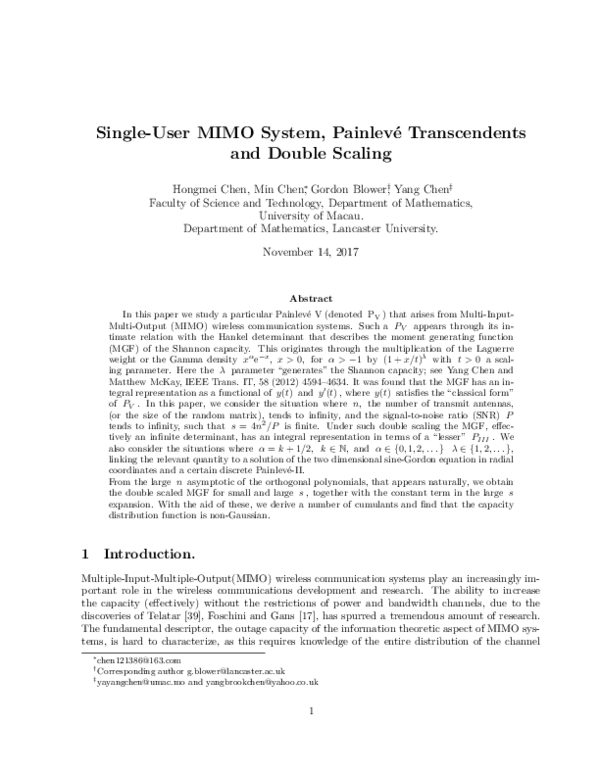 (PDF) Single-user MIMO system, Painlevé transcendents, and double scaling