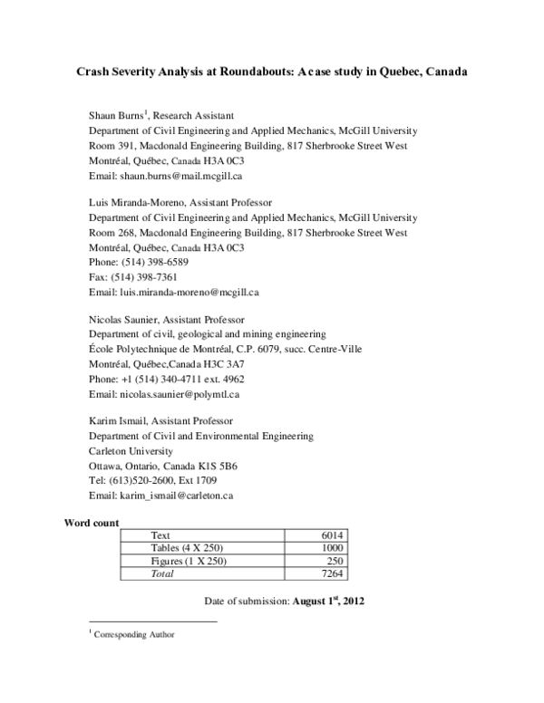 (PDF) Crash Severity Analysis at Roundabouts: Case Study in Quebec, Canada