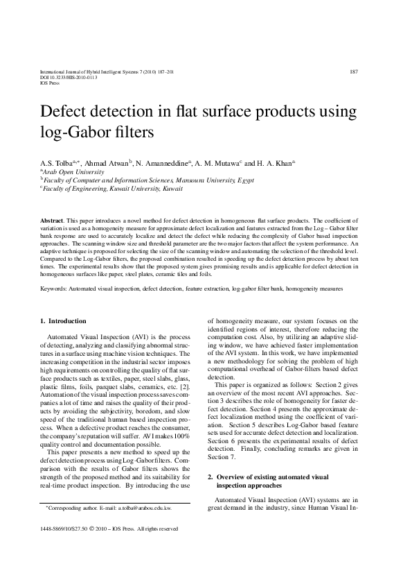 Pdf Defect Detection In Flat Surface Products Using Log Gabor Filters