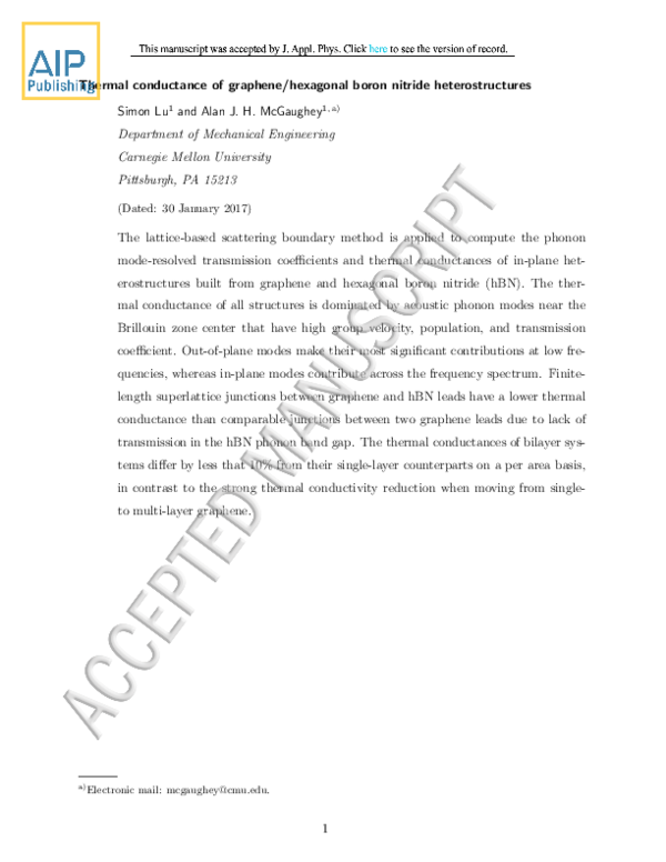 (PDF) Thermal conductance of graphene/hexagonal boron nitride heterostructures