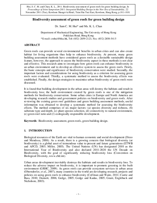 Pdf Biodiversity Assessment Of Green Roofs For Green Building Design
