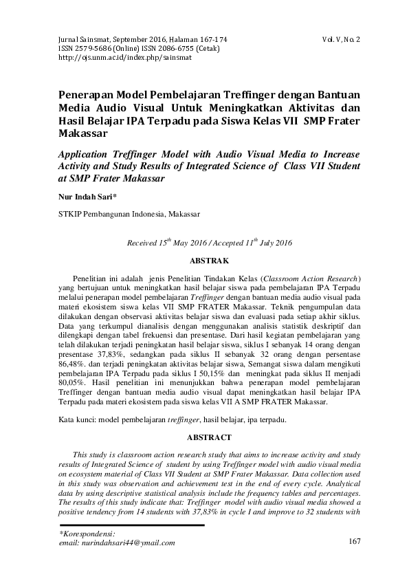 (PDF) Penerapan Model Pembelajaran Treffinger dengan Bantuan Media Audio Visual Untuk ...