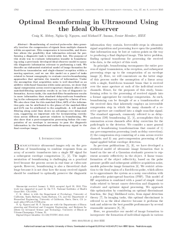 (PDF) Optimal beamforming in ultrasound using the ideal observer