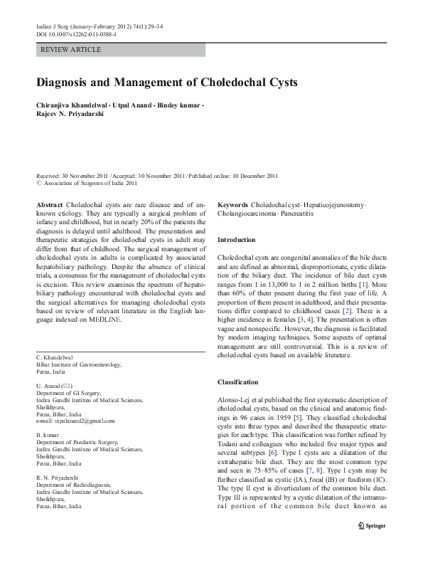 (PDF) Management of Choledochal Cysts in Adults