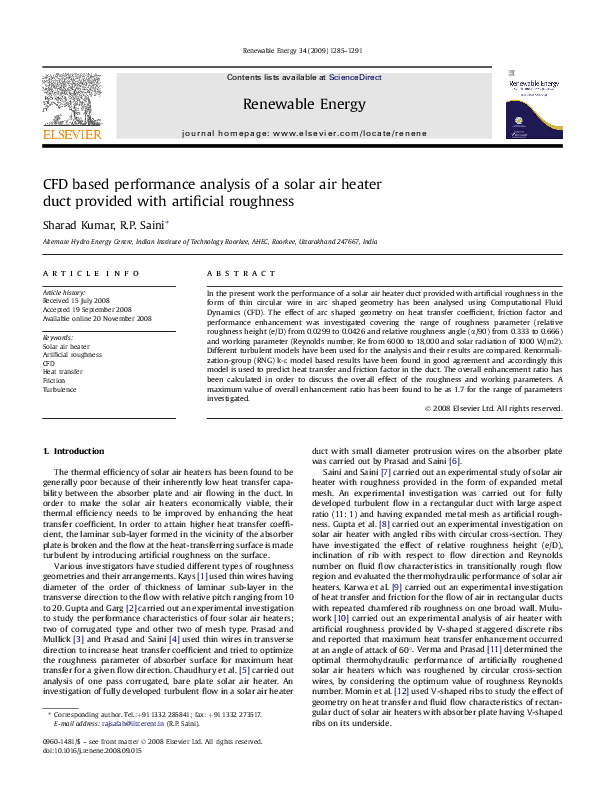 (PDF) CFD based performance analysis of a solar air heater duct provided with artificial roughness