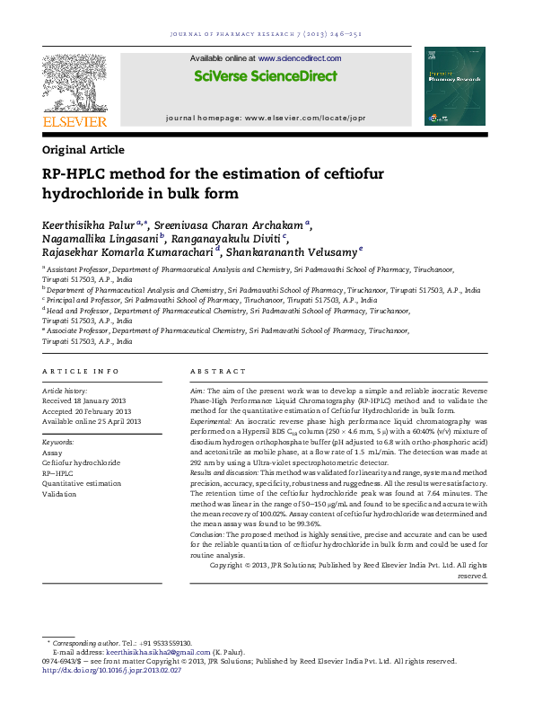 (PDF) RP-HPLC method for the estimation of ceftiofur hydrochloride in bulk form