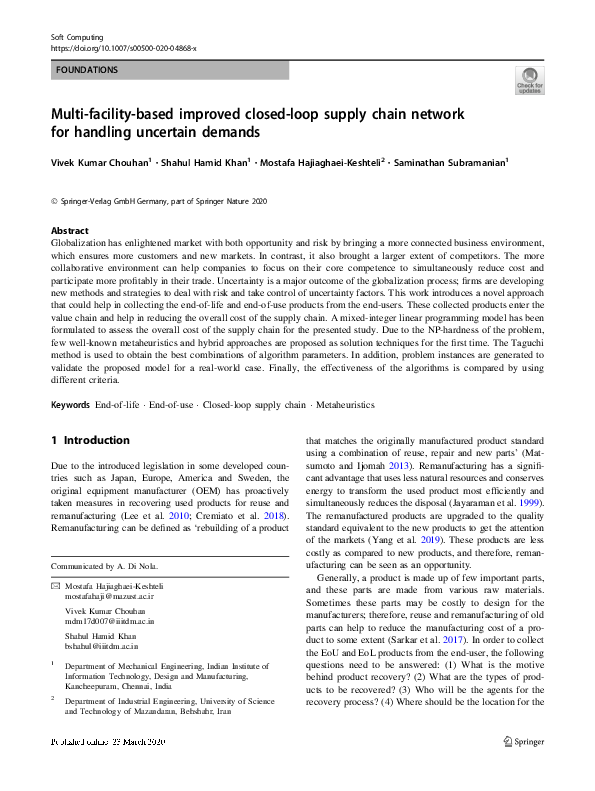Pdf Multi Facility Based Improved Closed Loop Supply Chain Network For Handling Uncertain Demands