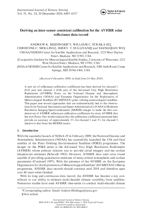 (PDF) Deriving an inter-sensor consistent calibration for the AVHRR solar reflectance data record