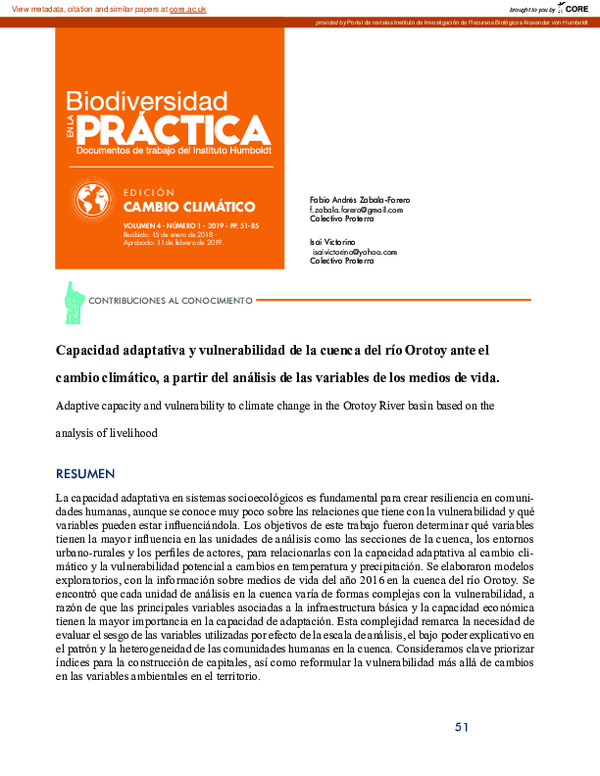 (PDF) Capacidad adaptativa y vulnerabilidad de la cuenca del río Orotoy ante el cambio climático ...
