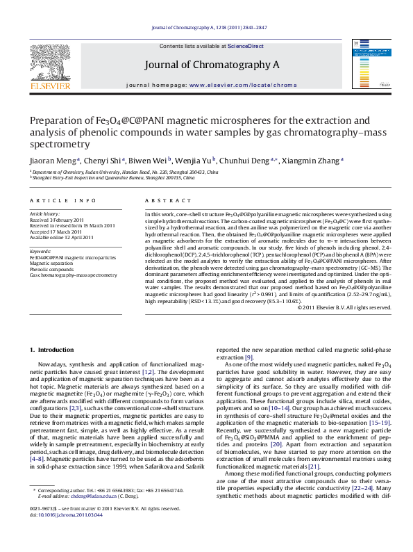 (PDF) Preparation of Fe3O4@C@PANI magnetic microspheres for the extraction and analysis of ...