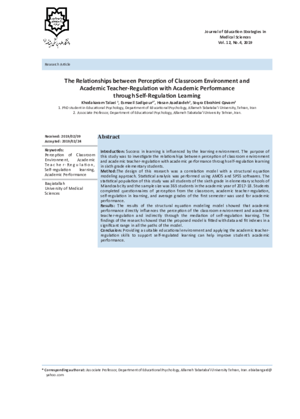 (PDF) The Relationships between Perception of Classroom Environment and Academic Teacher ...