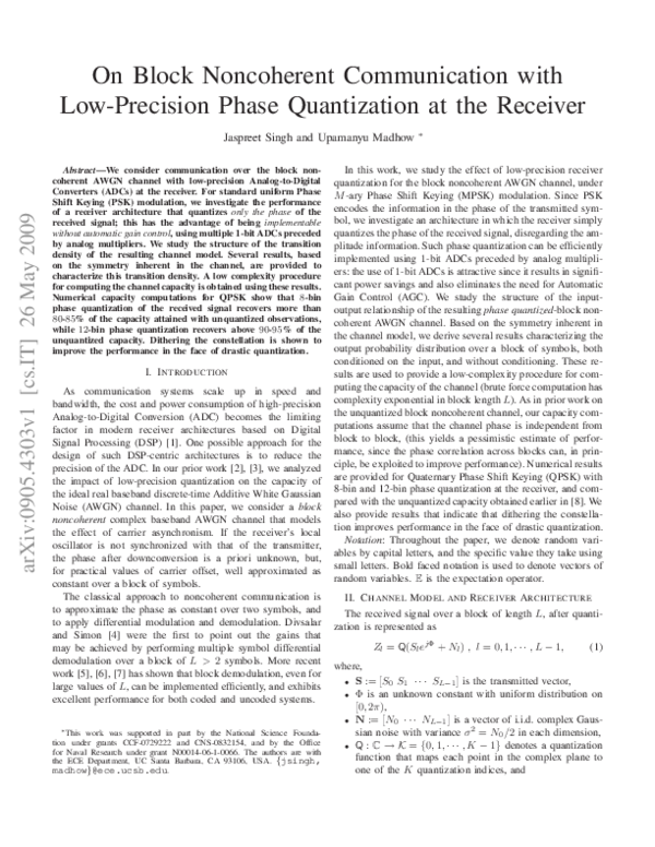 (PDF) On block noncoherent communication with low-precision phase quantization at the receiver