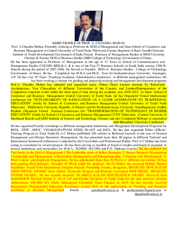 (PDF) Brief Profile of Prof A C Mohan 2023 CUTN