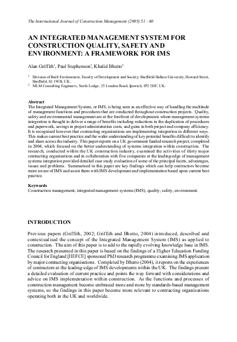 (PDF) An Integrated Management System for Construction Quality, Safety ...