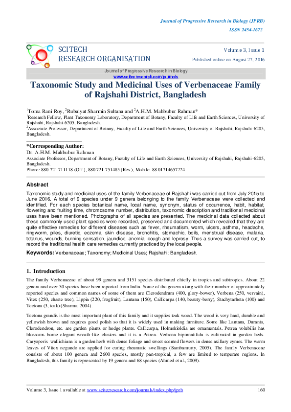 (PDF) Taxonomic Study and Medicinal Uses of Verbenaceae Family of ...