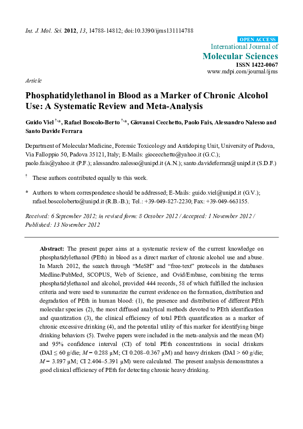 (PDF) Phosphatidylethanol in Blood as a Marker of Chronic Alcohol Use ...