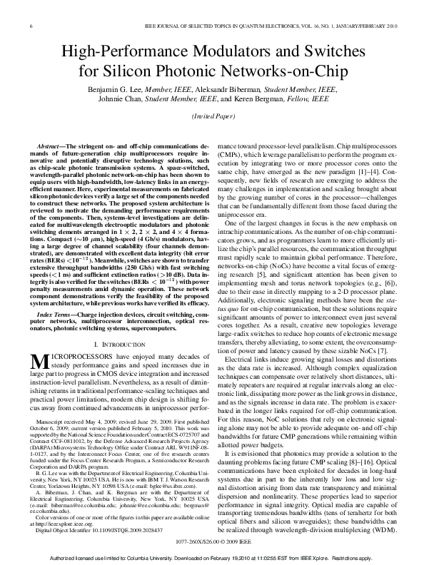 (PDF) High-Performance Modulators and Switches for Silicon Photonic Networks-on-Chip