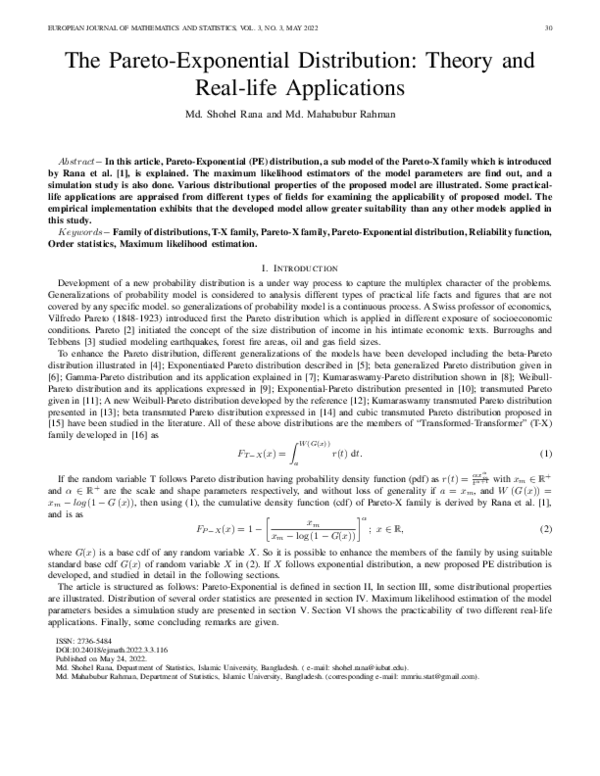 (PDF) Pareto-Exponential Distribution: Theory and Real-life Applications