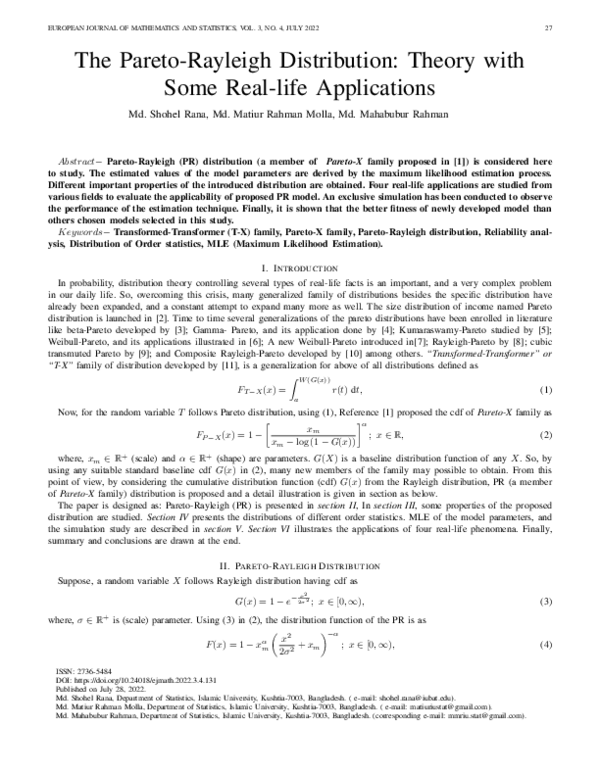 (PDF) Pareto-Rayleigh Distribution: Theory with Some Real-life Applications
