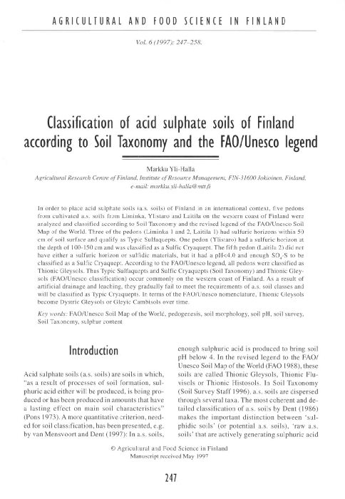 (PDF) Classification of acid sulphate soils of Finland according to ...